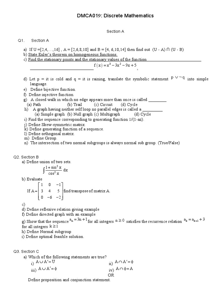 DMCA019: Discrete Mathematics: Section A Q1. Section A | PDF | Ring ...