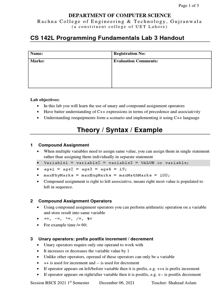 Cs 142l Programming Fundamentals Lab 3 Handout Theory Syntax Example Pdf Computer 2463