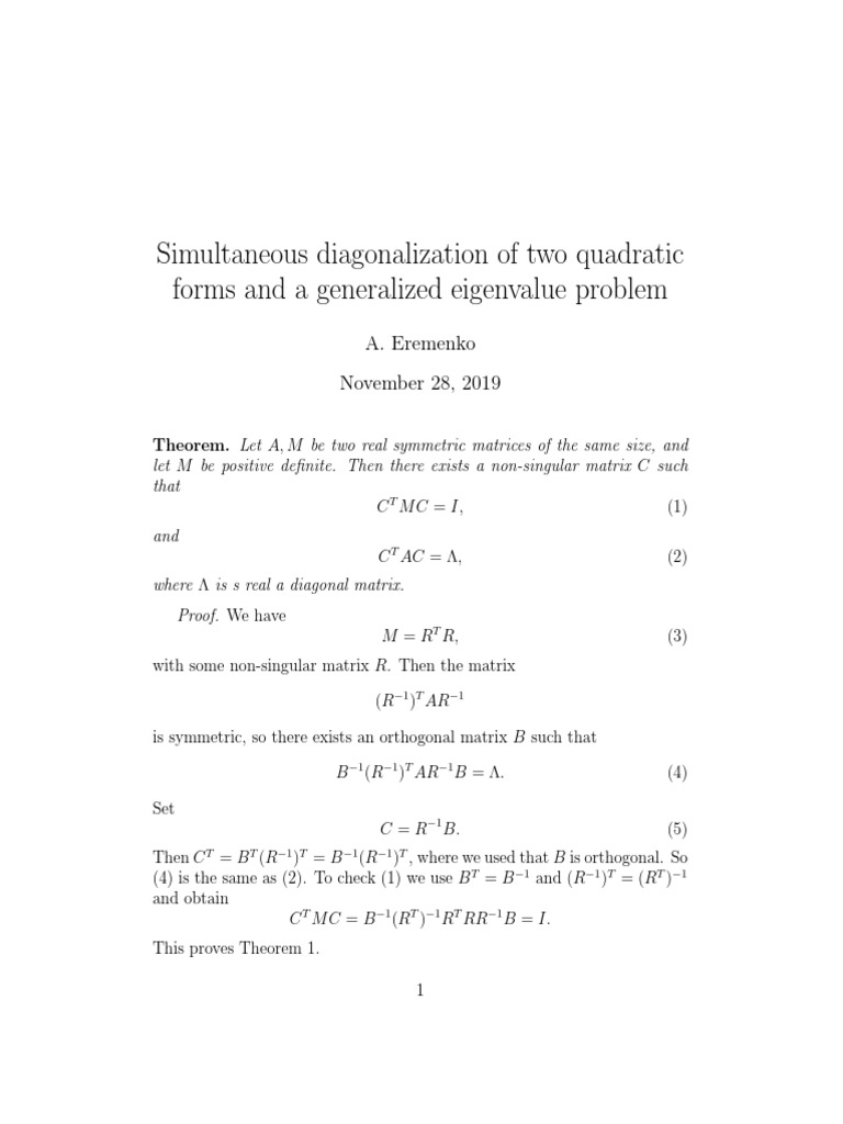 Simultaneous Diagonalization of Two Quadratic Forms and A Generalized Eigenvalue Problem | PDF ...