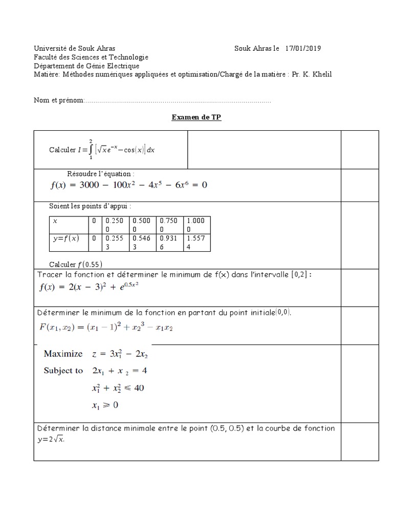 Examen de TP en Méthodes Numériques | PDF | Analyse mathématique ...