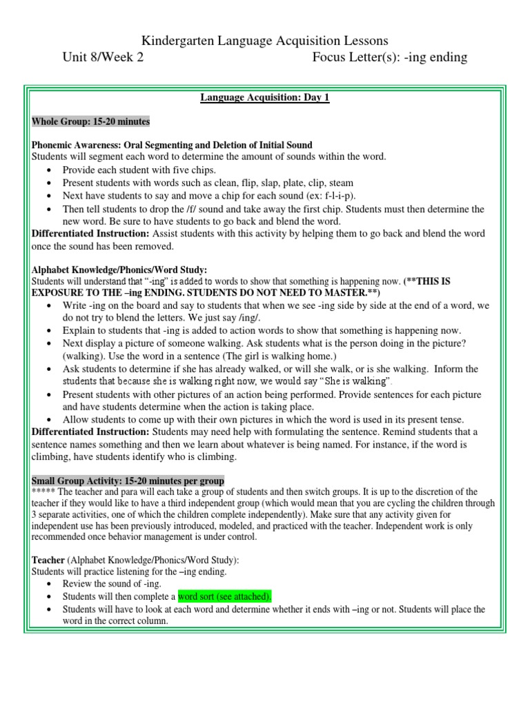 Kindergarten Unit 8 - Week 2 - Language Acquisition | PDF | Phonics | Behavior Modification