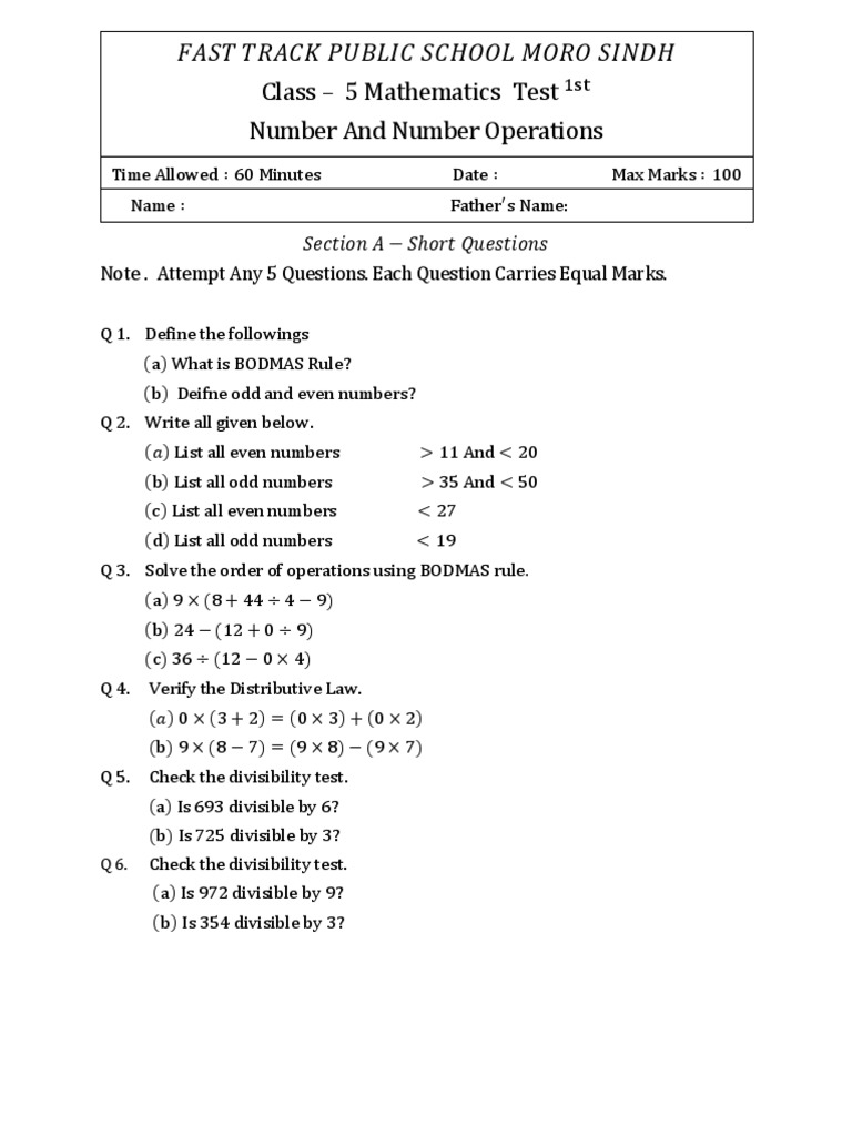 Class - 5 Mathematics Test Number and Number Operations | PDF | Numbers ...