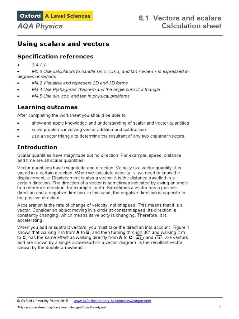 Vectors and Scalars Calculation WS | PDF | Euclidean Vector | Force