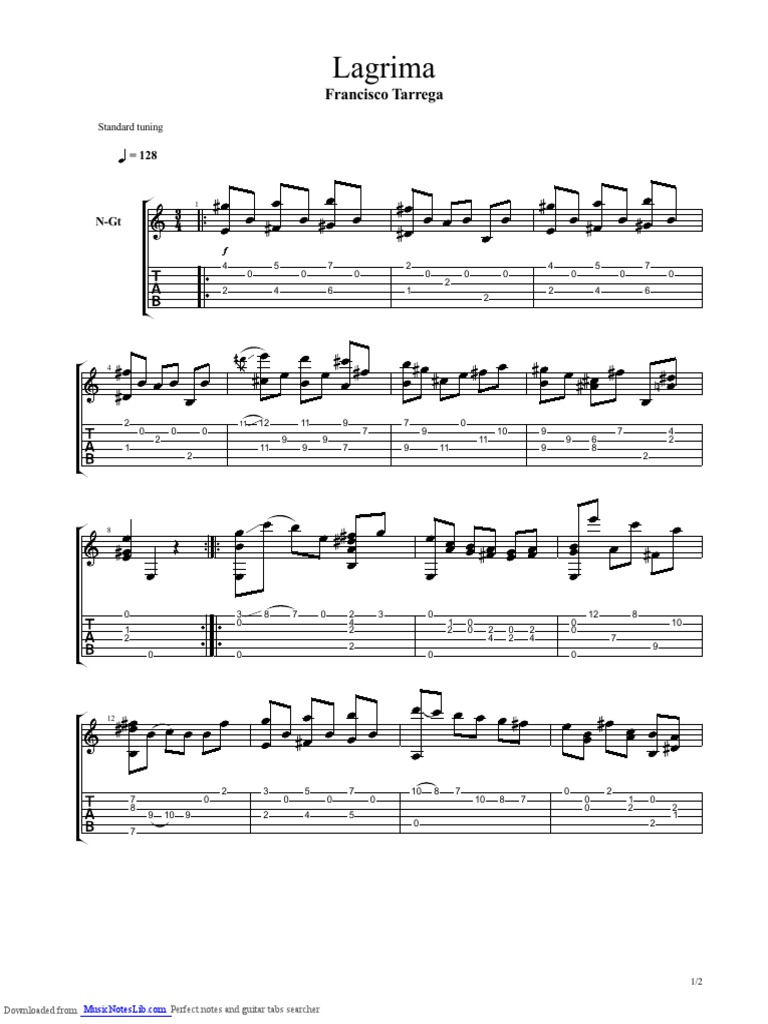 Lagrima by Tarrega: Guitar Tab PDF | PDF | Elements Of Music | Music Theory