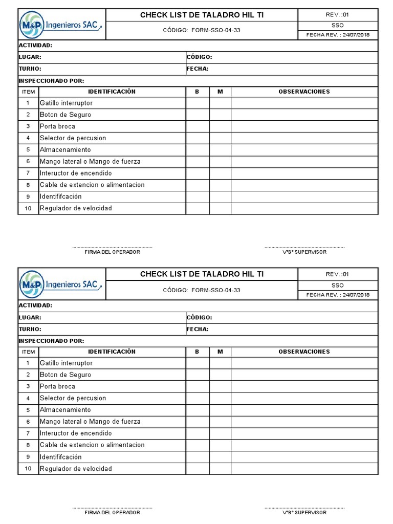 Form-Sso-04-33 Check List Taladro Hilti MP | PDF | Carpintería ...