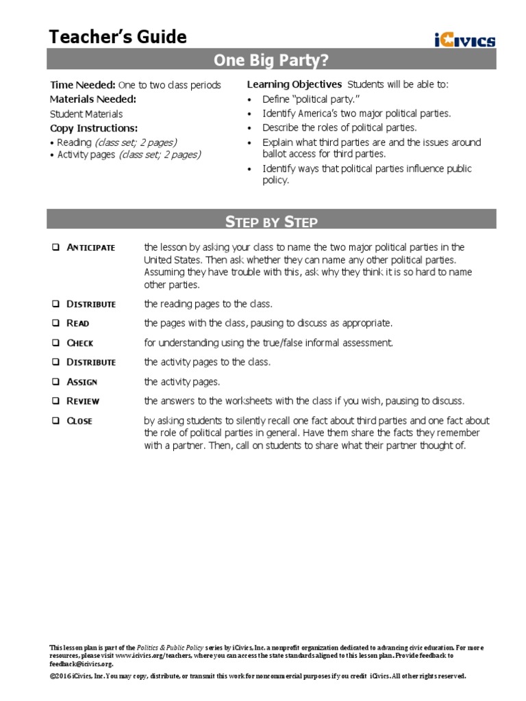One Big Party Teachers Guide | PDF | American Government | Democratic ...