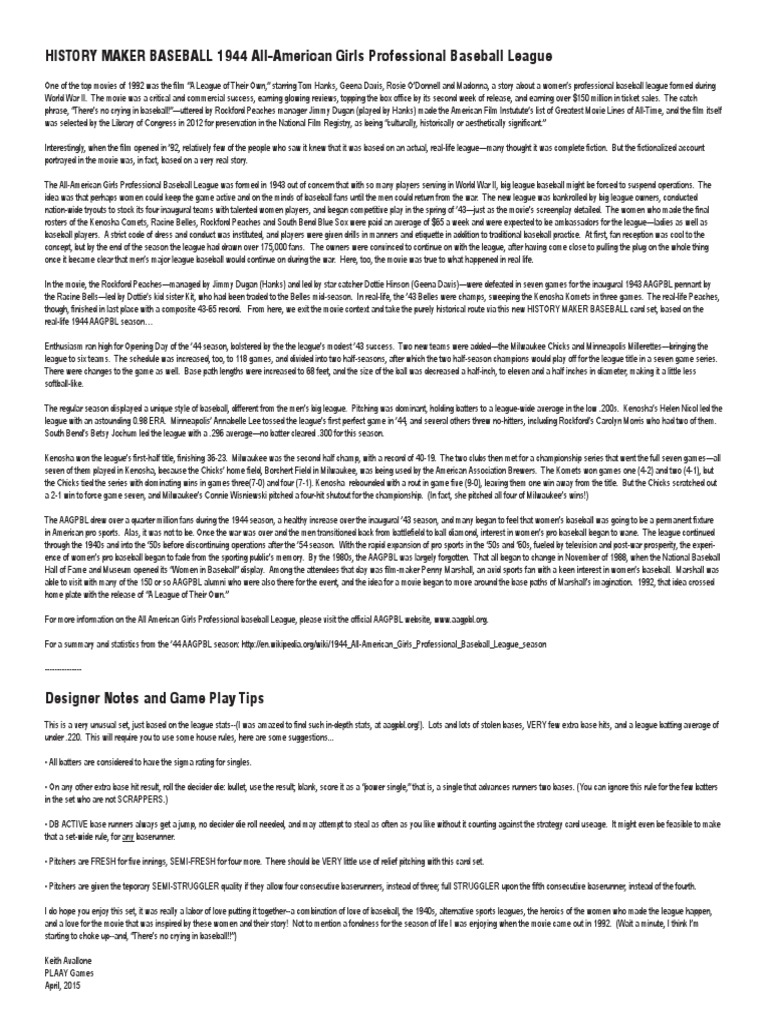 HISTORY MAKER BASEBALL 1944 All-American Girls Professional Baseball ...