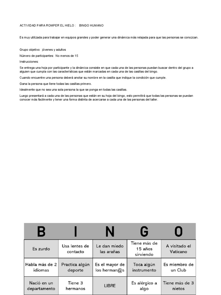 Bingo Humano: Rompe Hielo para Grupos | PDF | Crecimiento personal y ...