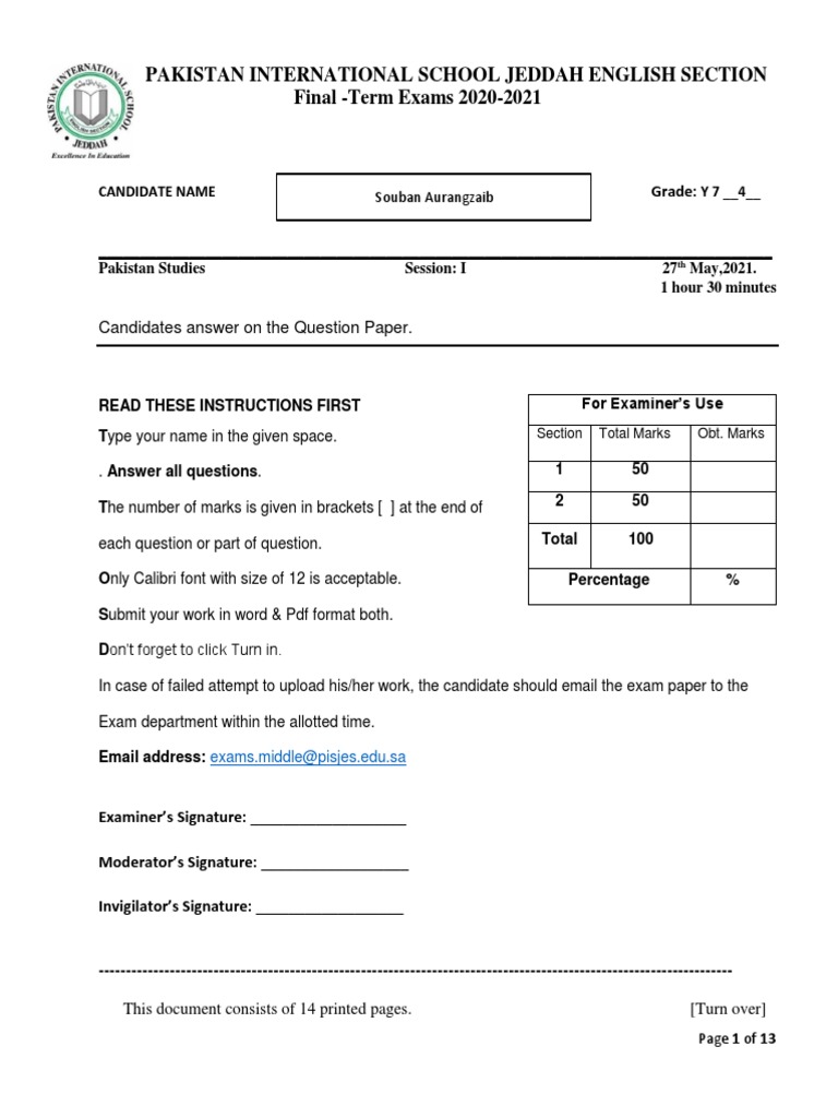 Final Term Exam Paper Y7 | PDF | Mountains | Indus River