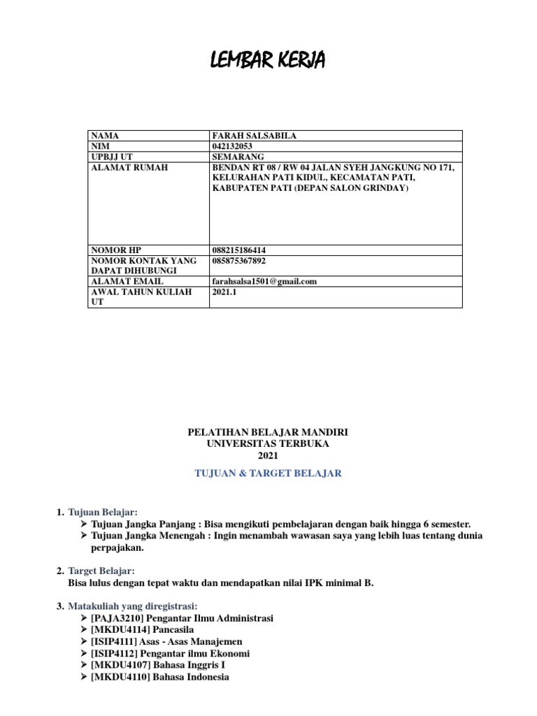 Lembar Kerja Rencana Belajar - 1 | PDF