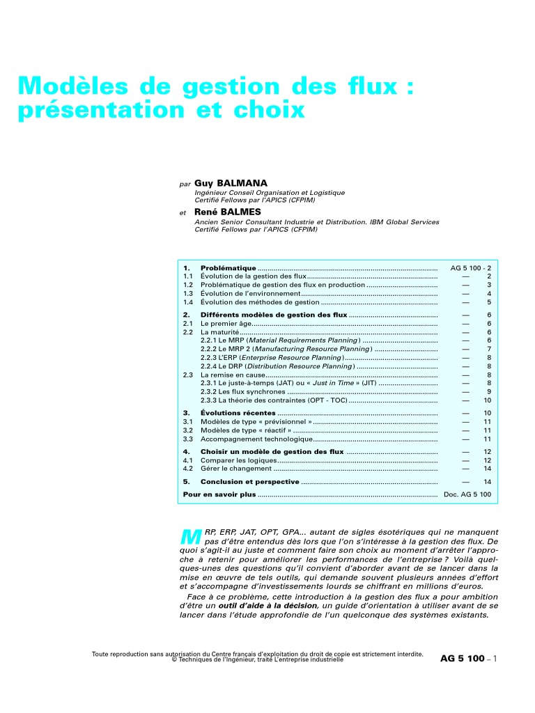 AG 5 100 Modèles de Gestion Des Flux - Présentation Et Choix 2001 | PDF ...