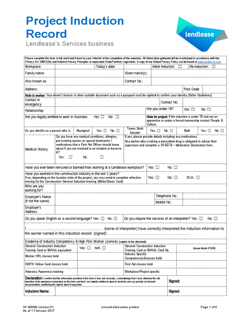 # SF-0008B - Project Induction Record | PDF | Identity Document ...