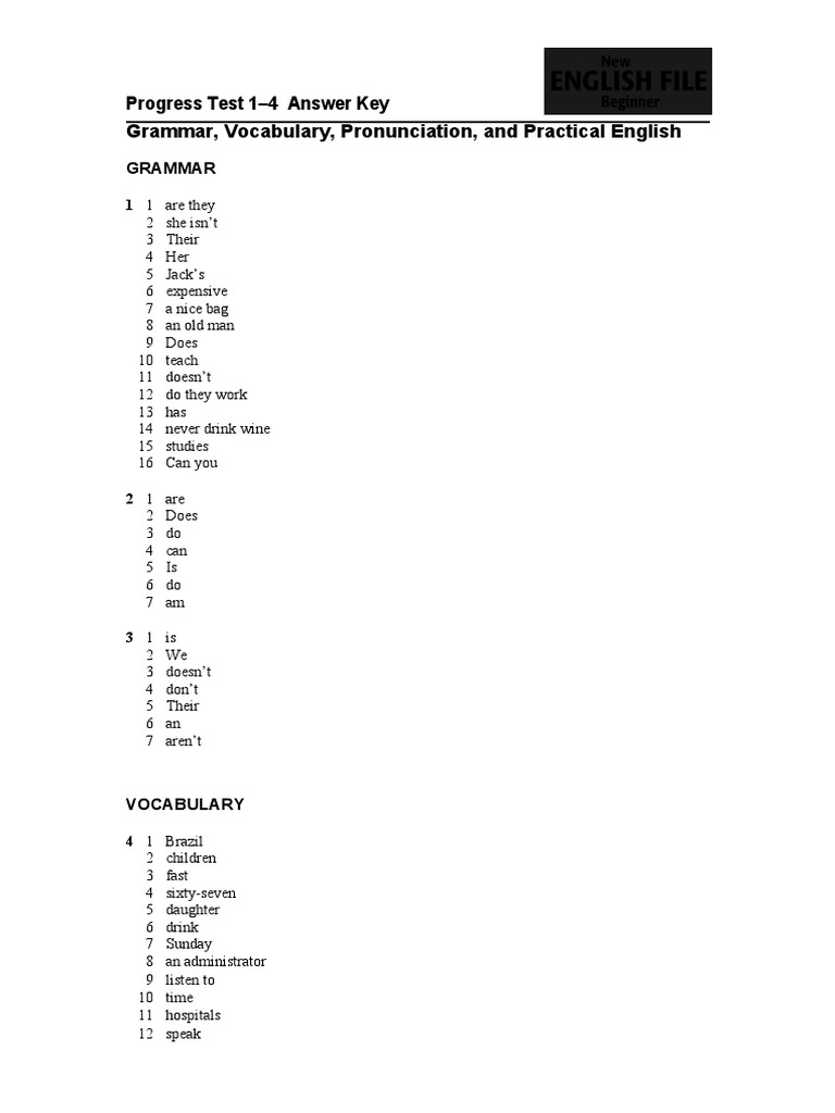 Progress Test 1-4 Answer Key Grammar, Vocabulary, Pronunciation, and ...