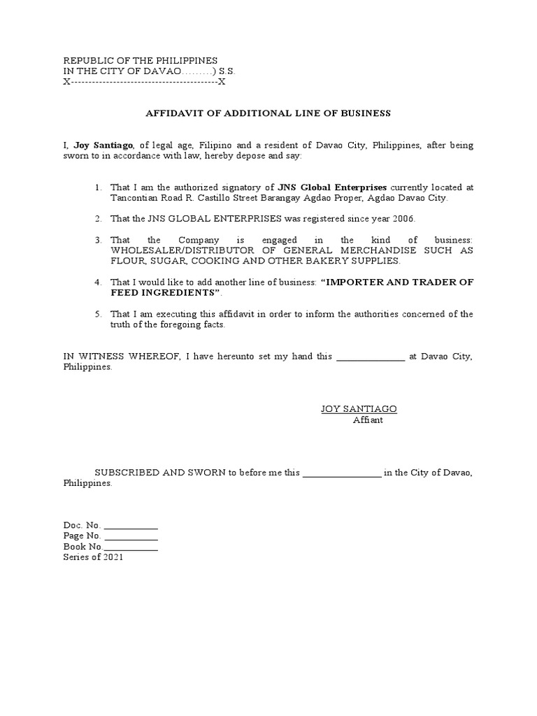 Affidavit of Additional Line of Business | PDF