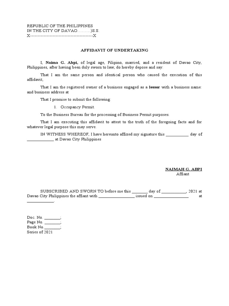 Affidavit of Undertaking | PDF