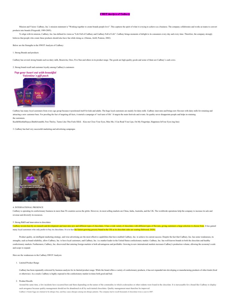 SWOT Analysis of Cadbury | PDF | Brand | Chocolate