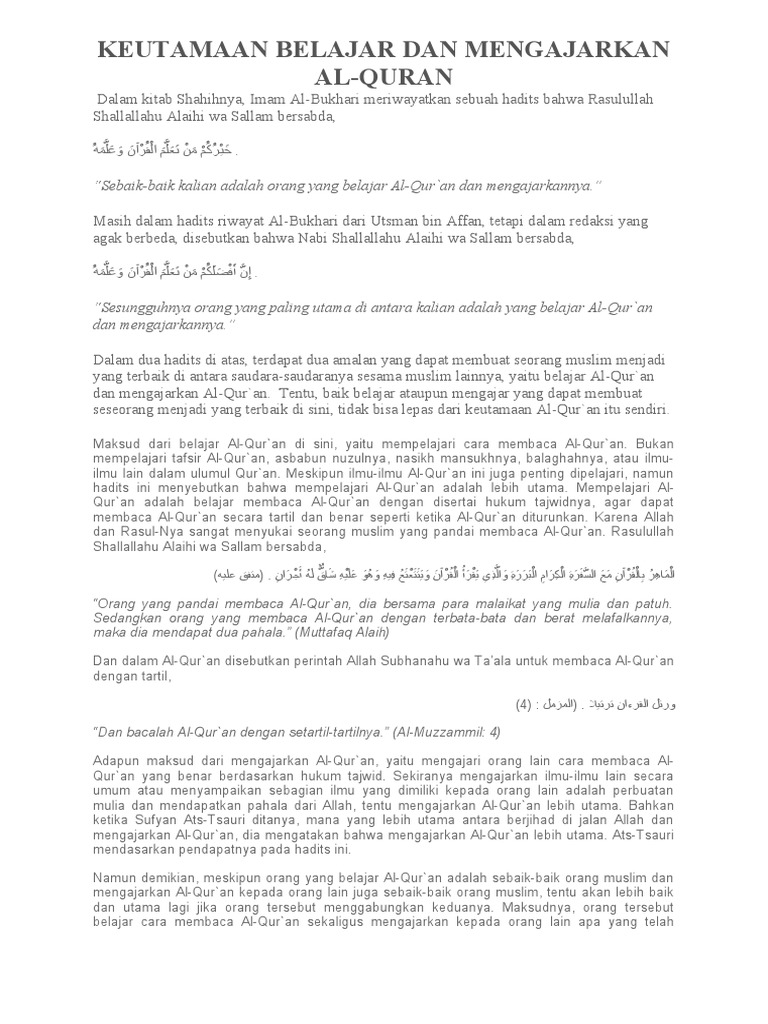 Keutamaan Belajar Dan Mengajarkan Al | PDF | Agama & Spiritualitas