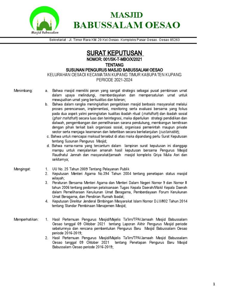 SK Pengurus Takmir Masjid 2016-2019 | PDF