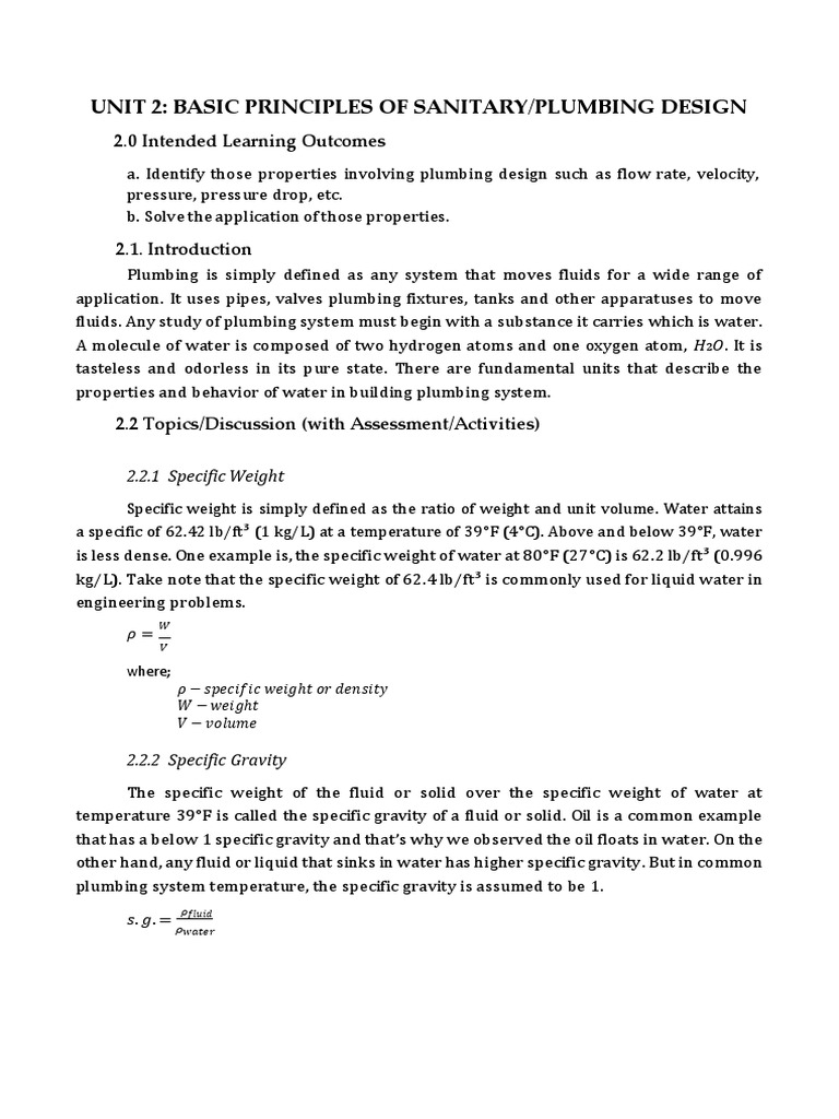 Unit 2: Basic Principles of Sanitary/Plumbing Design: 2.0 Intended ...