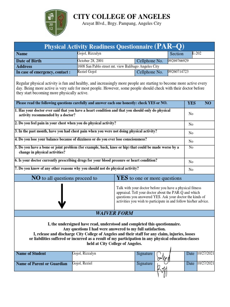 PAR-Q Form for City College Students | PDF | Medicine | Health Sciences