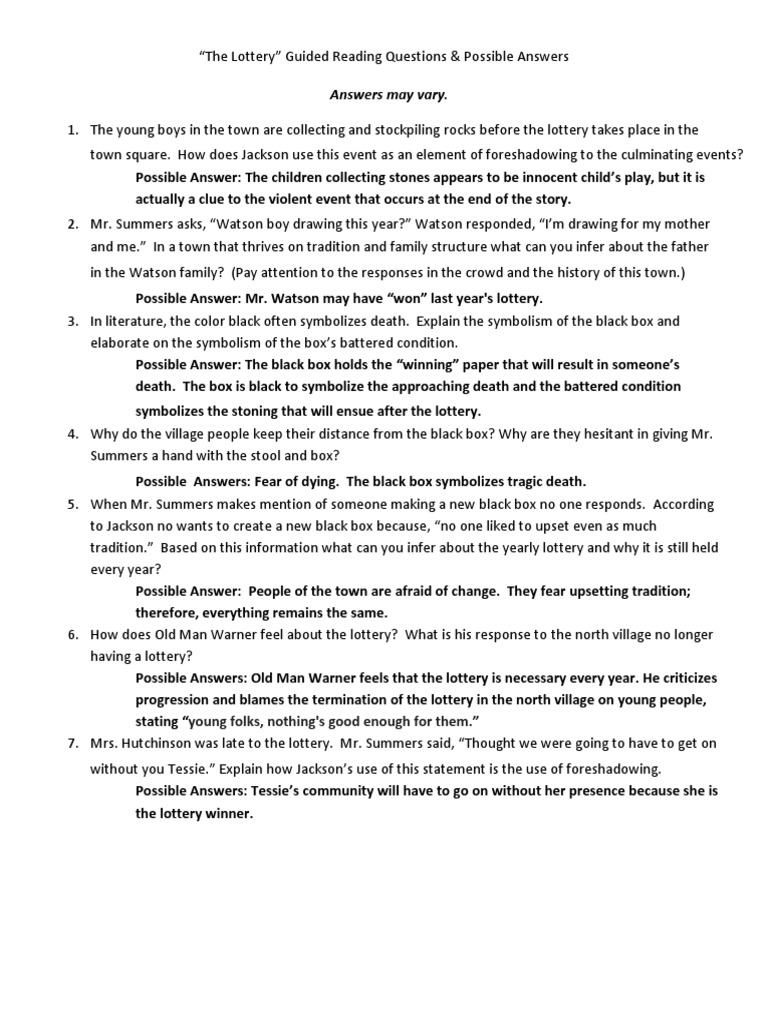 "The Lottery: Guided Questions & Insights" | PDF