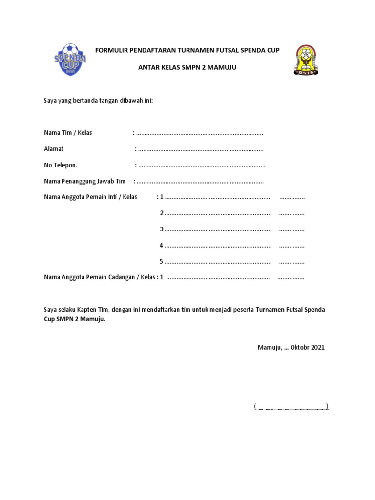 Contoh Formulir Pendaftaran Futsal | PDF
