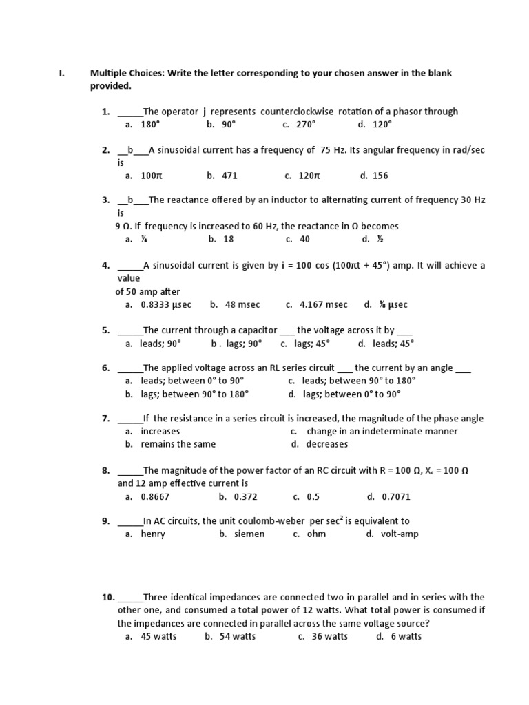 AC Circuit Practice Test Questions | PDF | Series And Parallel Circuits ...