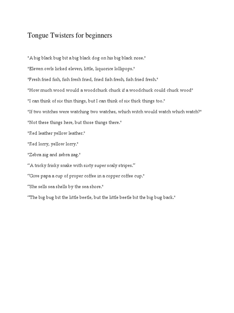 Beginner and Advanced Tongue Twisters | PDF
