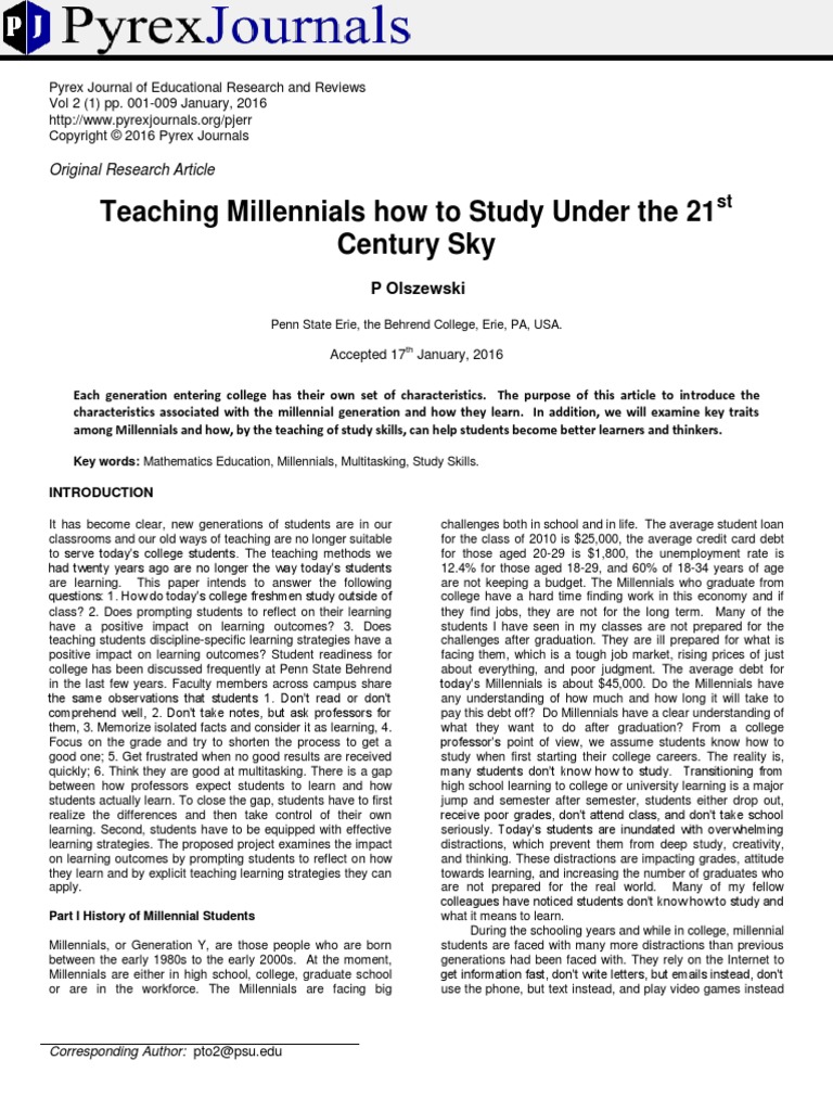 Teaching Millennials How To Study Under The 21 Century Sky: Original ...