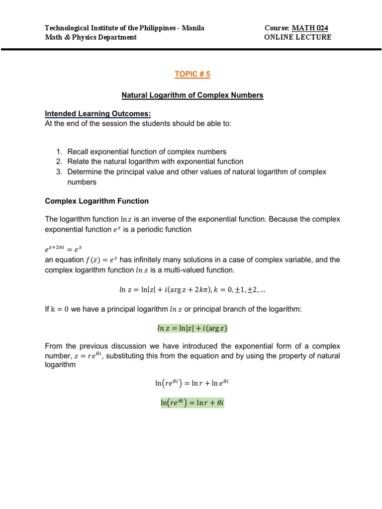 1.5 Natural Logarithm of Complex Numbers | PDF | Logarithm | Complex Number