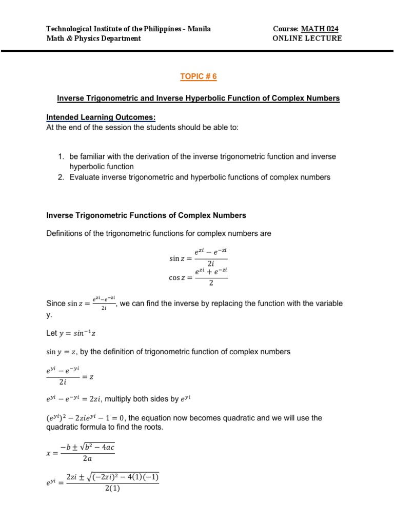 1.6 Inverse Trigonometric and Inverse Hyperbolic Functions of Complex Numbers | PDF | Complex ...