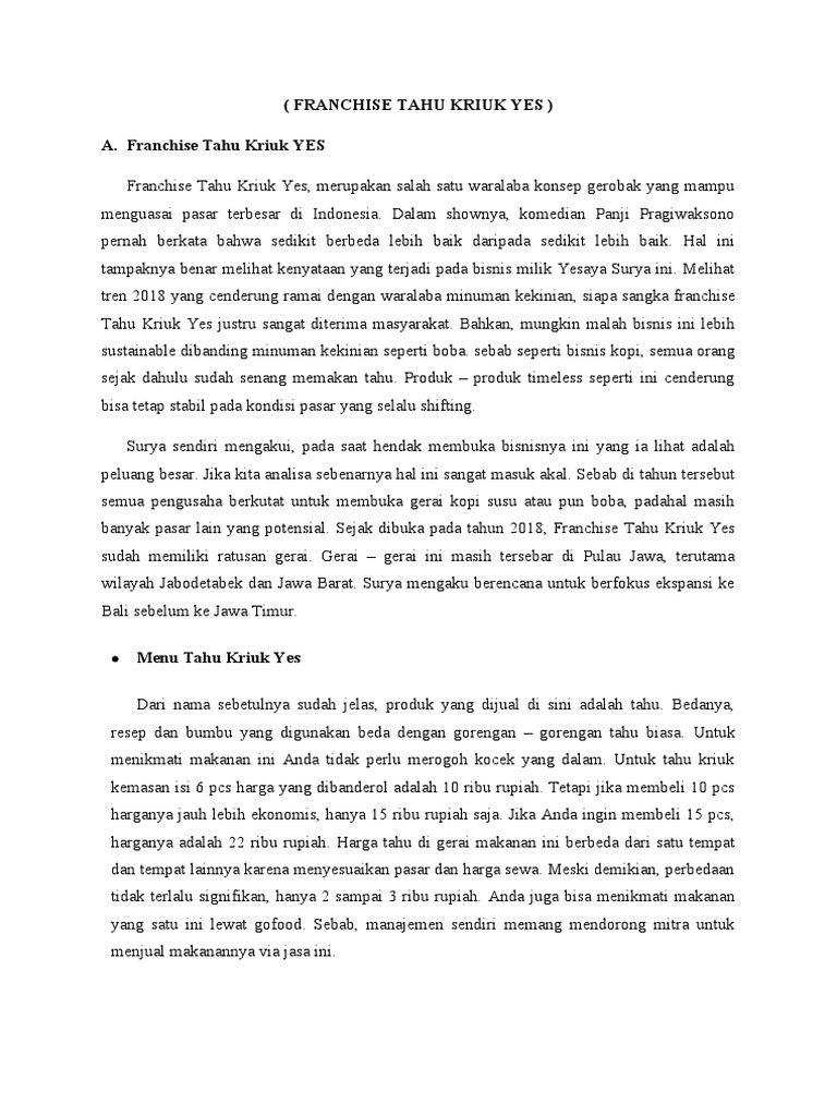 Franchise Tahu Kriuk Yes | PDF | Bisnis