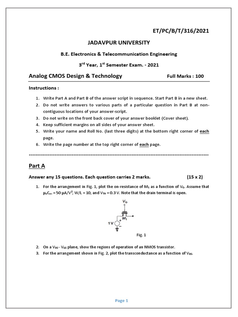 Sem Q Paper - Analog CMOS D - T - 2021 | PDF | Amplifier | Mosfet