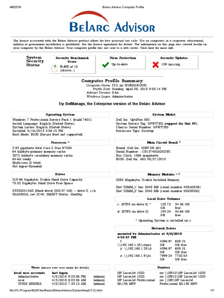 Belarc Advisor Computer Profile | Download Free PDF | Usb | Microsoft ...