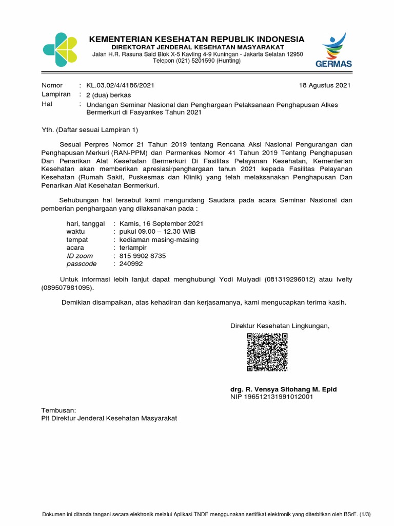 Undangan Seminar Nasional Dan Penghargaan Pelaksanaan Penghapusan Alkes | PDF