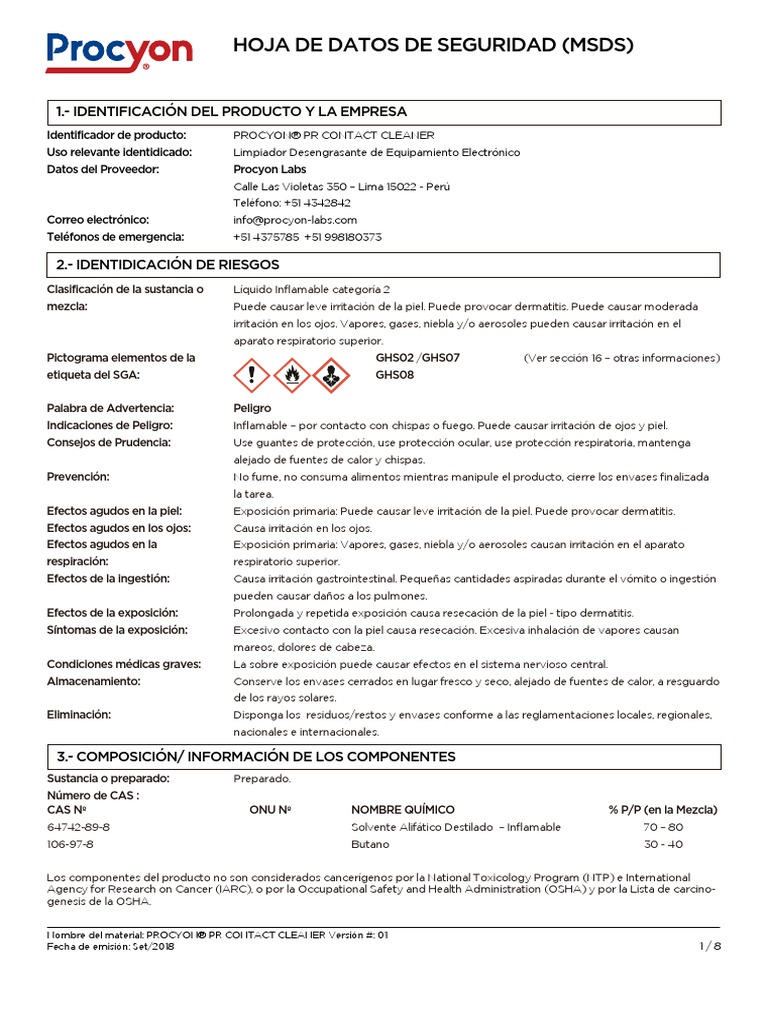 PR Contact Cleaner Msds | PDF | Agua | Residuos