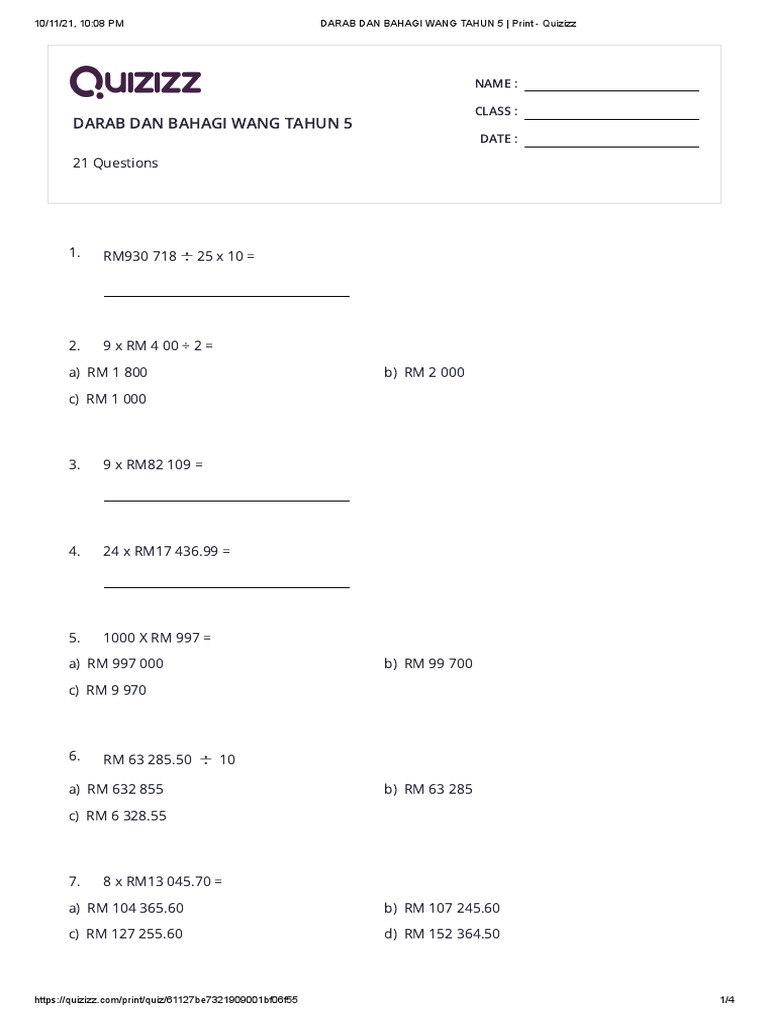DARAB DAN BAHAGI WANG TAHUN 5 - Jawapan | PDF