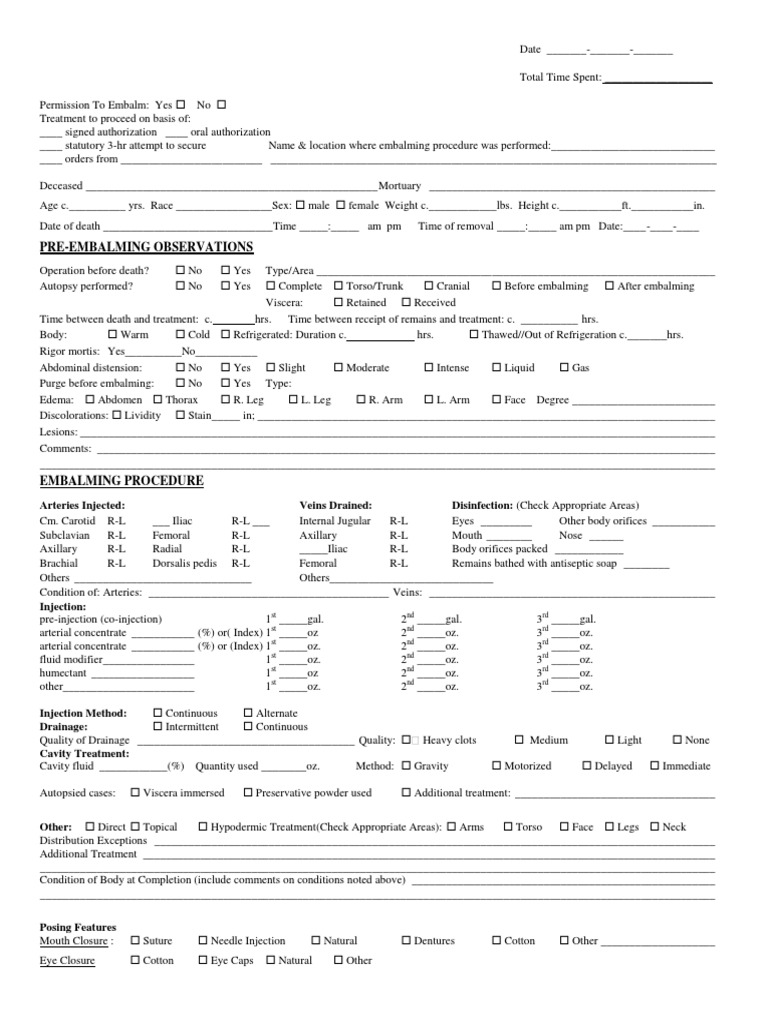 Embalming Report Template | PDF | Medical Specialties | Clinical Medicine