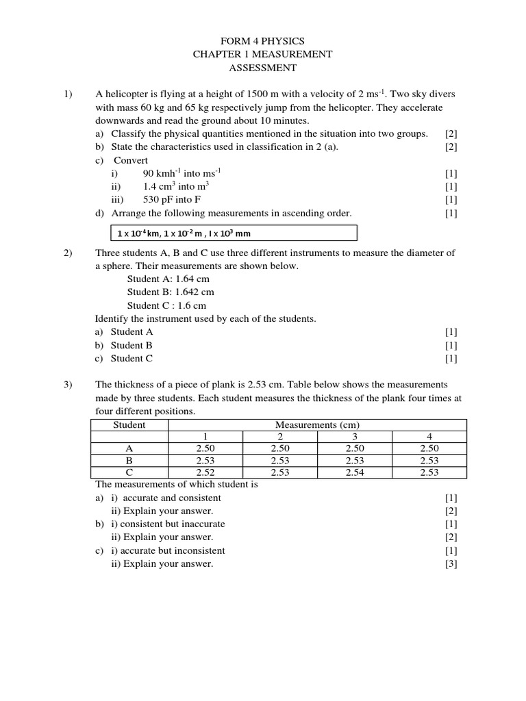 F4 Physics Chapter 1 Assessment | PDF | Measurement | Pendulum