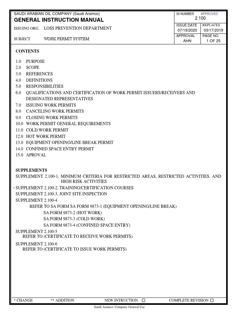 Saudi Aramco Work Permit System GI 2.100 | PDF | Emergency ...