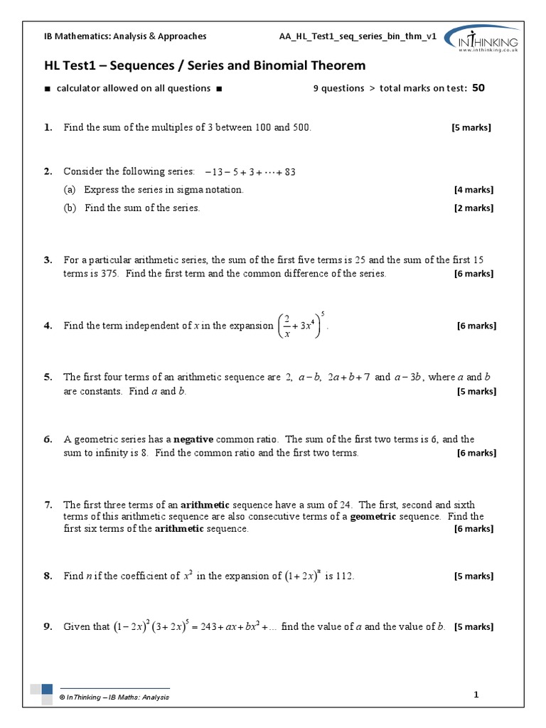 HL Test1 Sequences / Series and Binomial Theorem | PDF