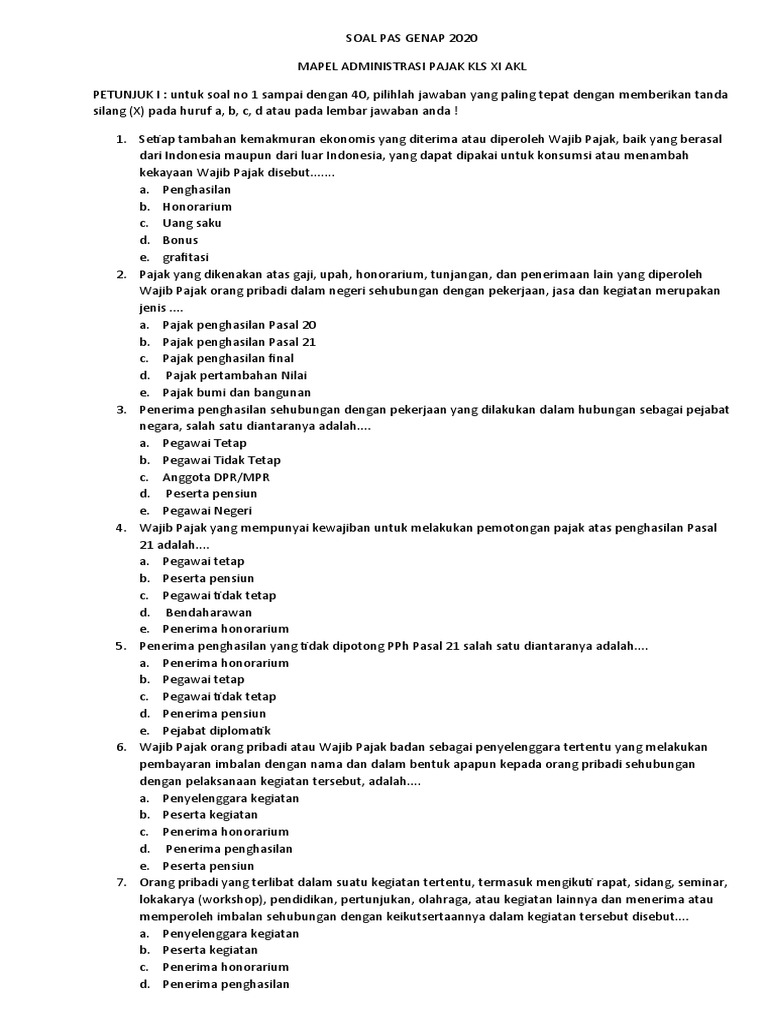 Soal Pas Genap Adm Pajak 2020 KLS Xi | PDF