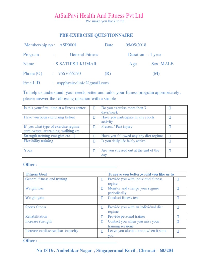 Atsaipavi Health and Fitness PVT LTD: Pre-Exercise Questionnaire | PDF ...