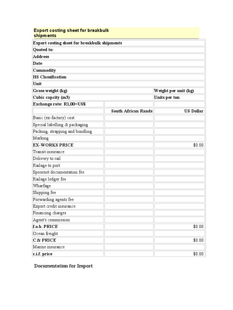 Export Costing Sheet For Breakbulk Shipments | Download Free PDF | Bill ...