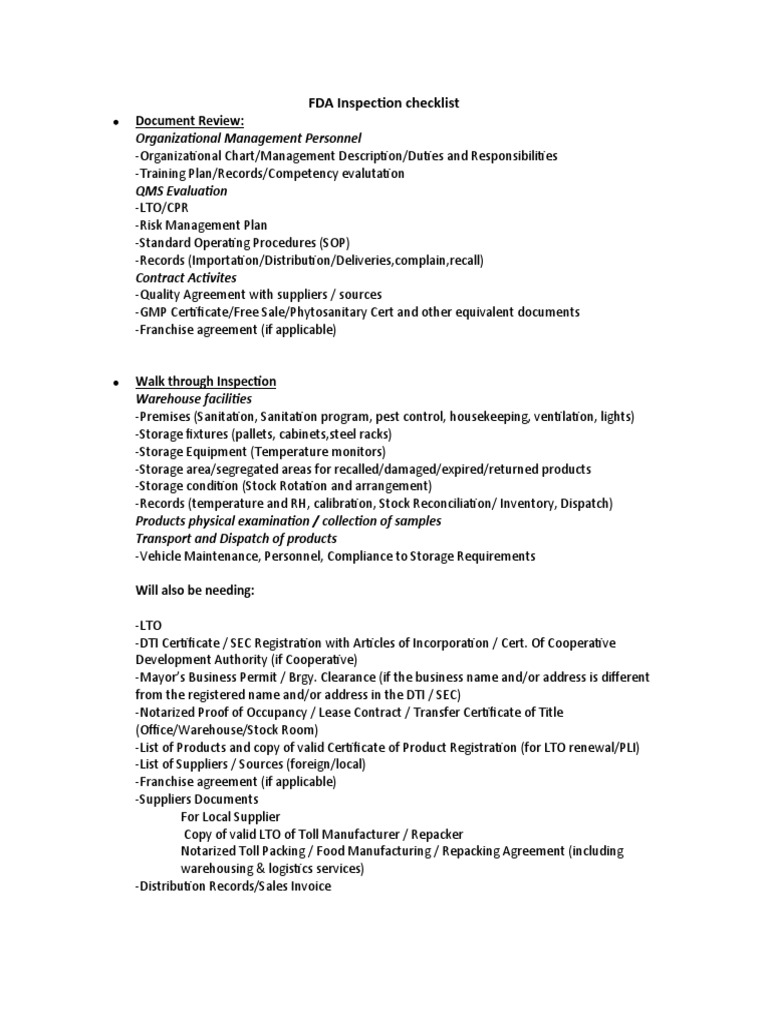 Organizational Management Personnel: FDA Inspection Checklist | PDF ...