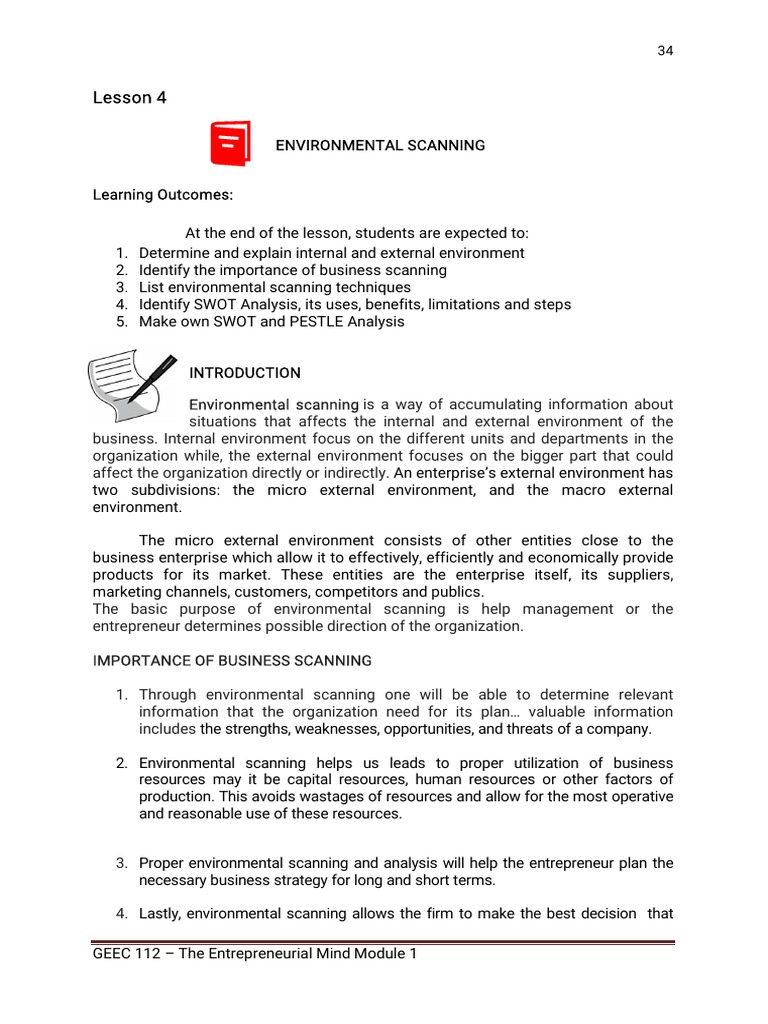 Environmental Scanning and SWOT Analysis | PDF