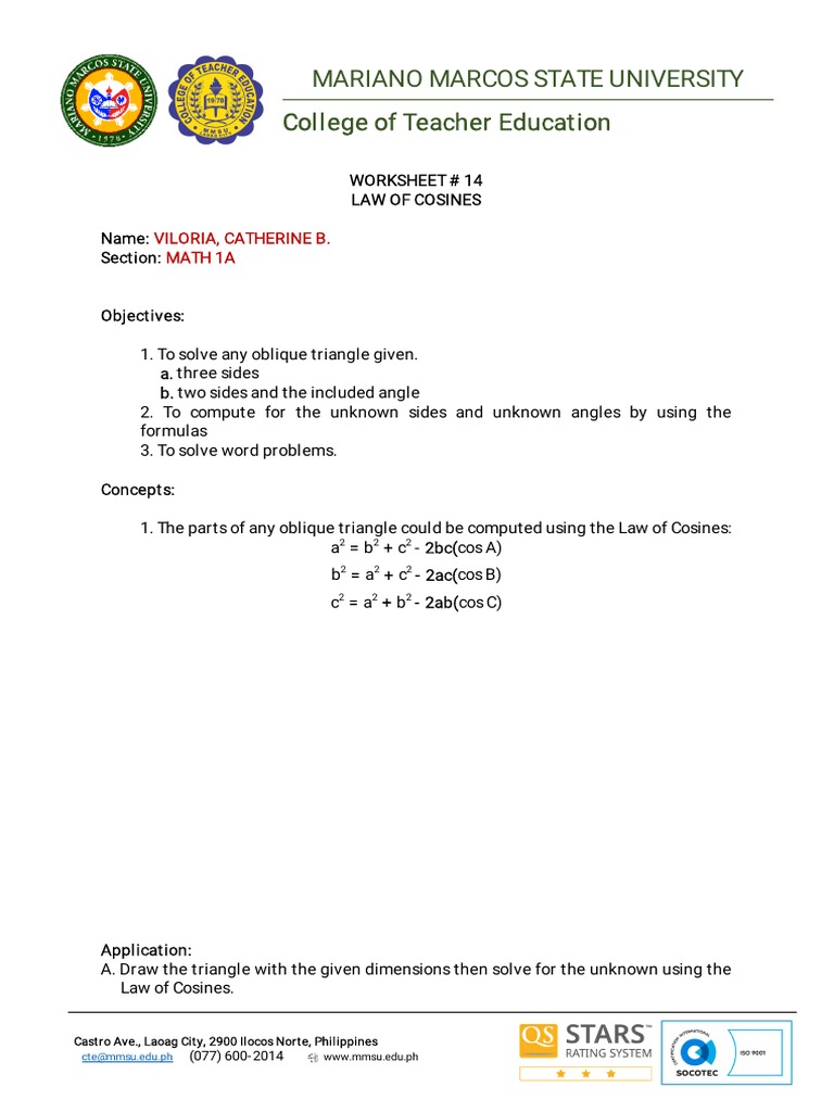 Law of Cosines Worksheet Guide | PDF