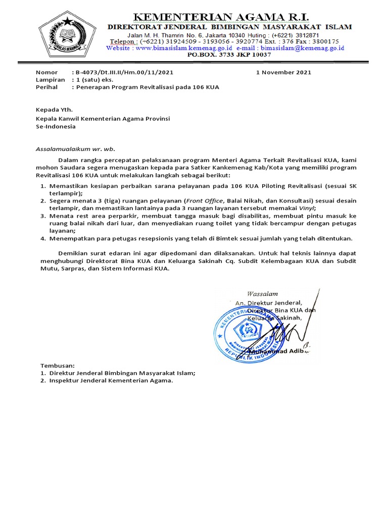 Surat Edaran Penerapan Revitalisasi 106 KUA T 2021 | PDF
