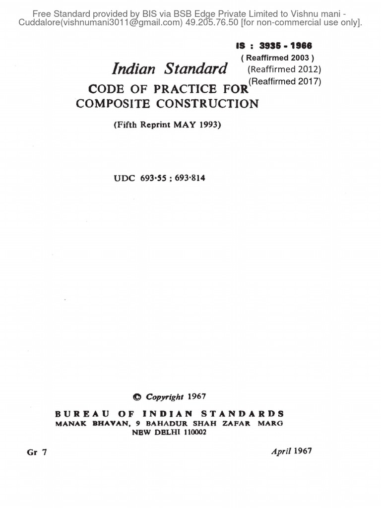 Indian Standard: Code of Practice For Composite Construction | PDF ...