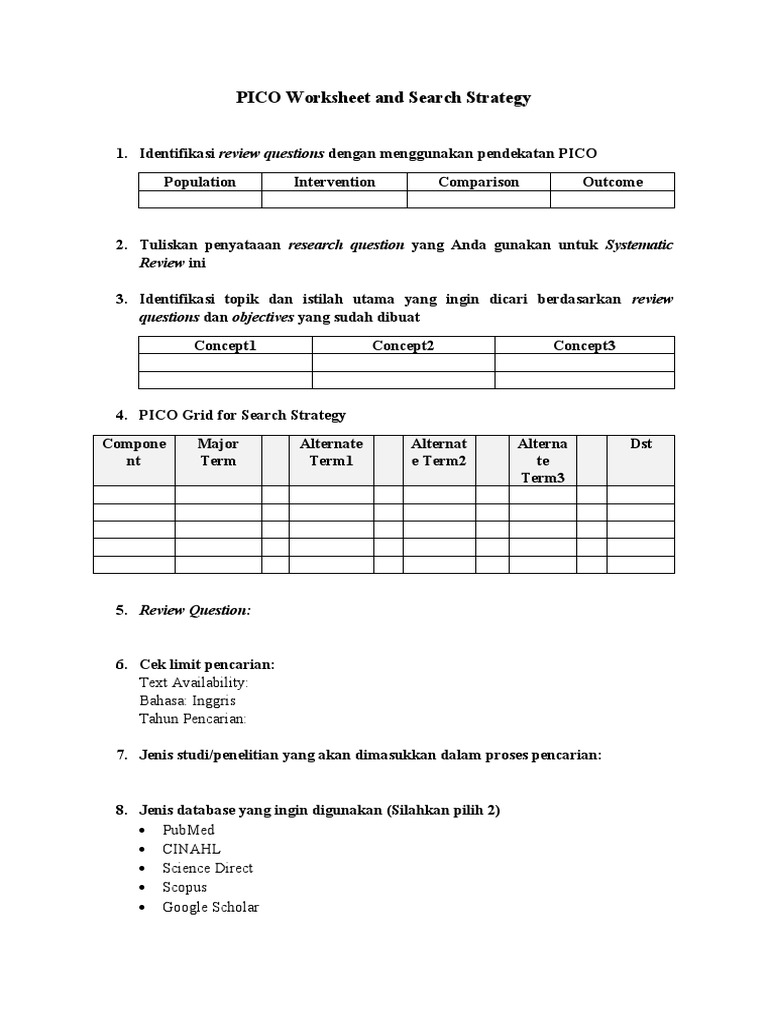 PICO Worksheet and Search Strategy | PDF